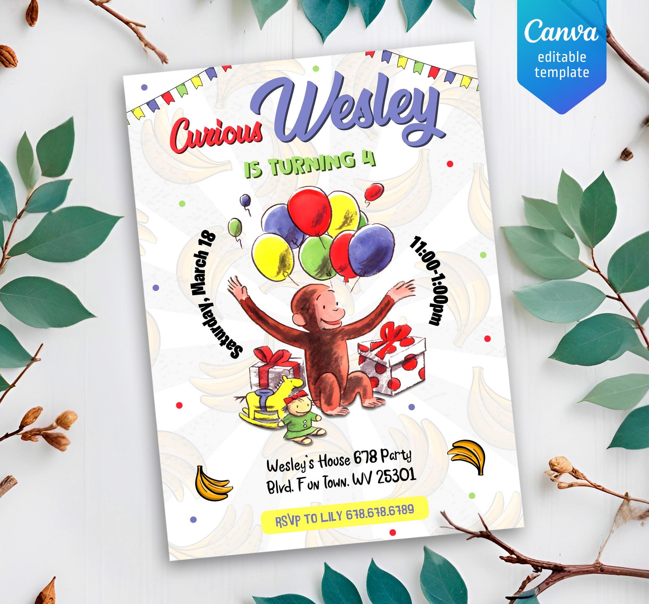Curious George Birthday Invitation, Printable Monkey Invite, Ape Invite ...