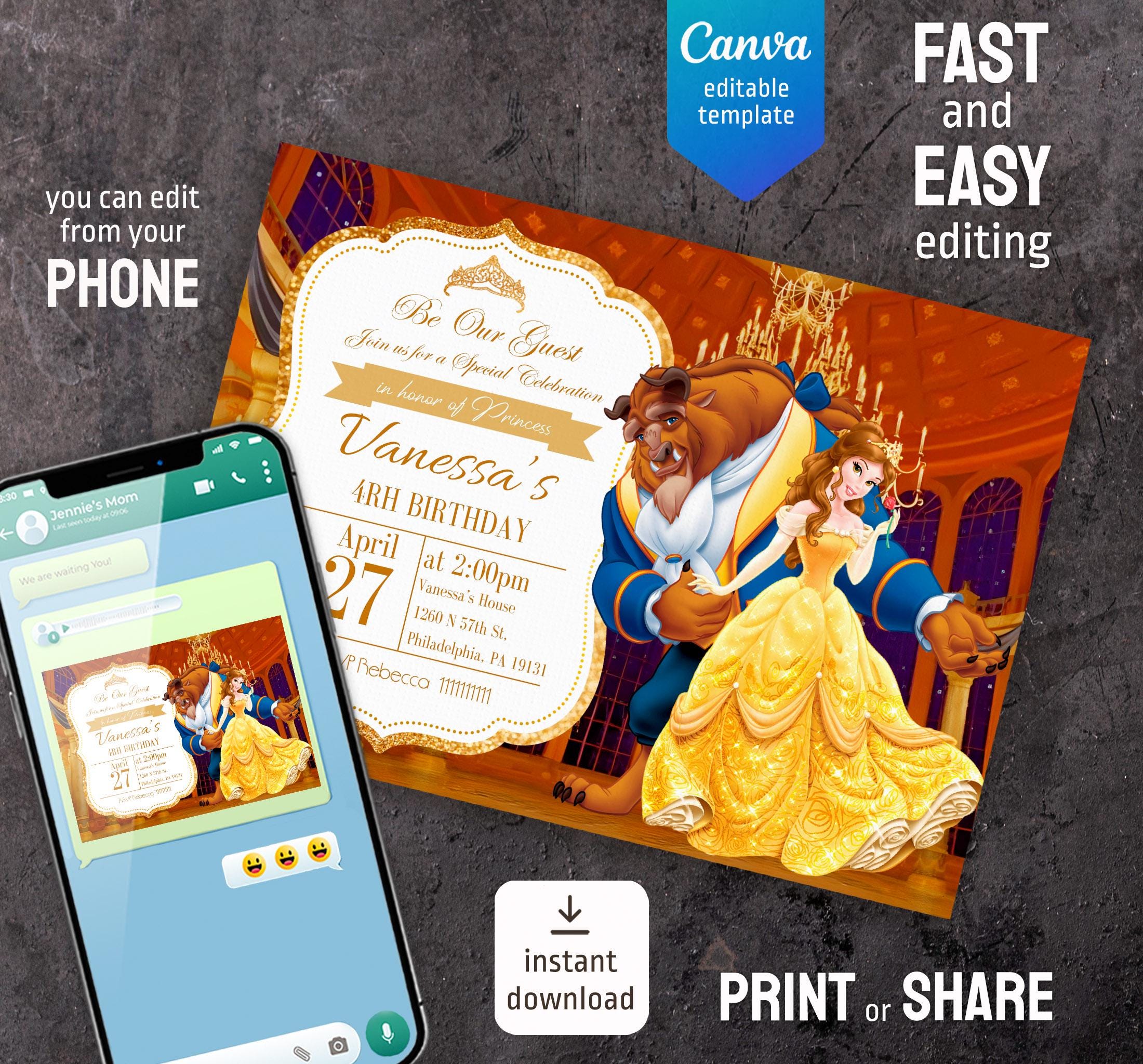 Princess Belle Birthday Invitation, Girl Editable Invite Template ...
