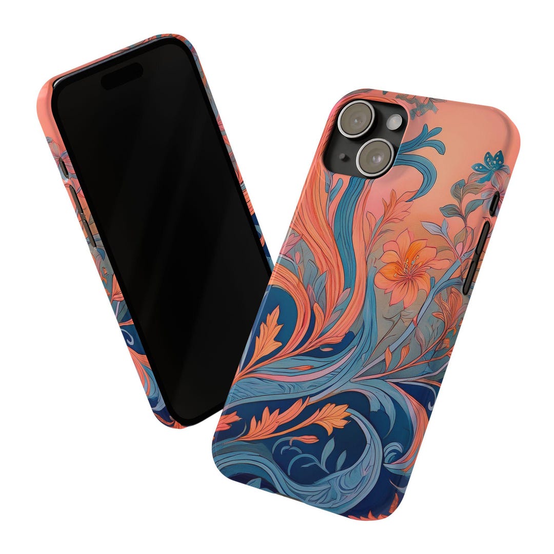 Ornate Nature Inspired Slim Phone Case, Swirly Pink Blue Orange Pattern ...