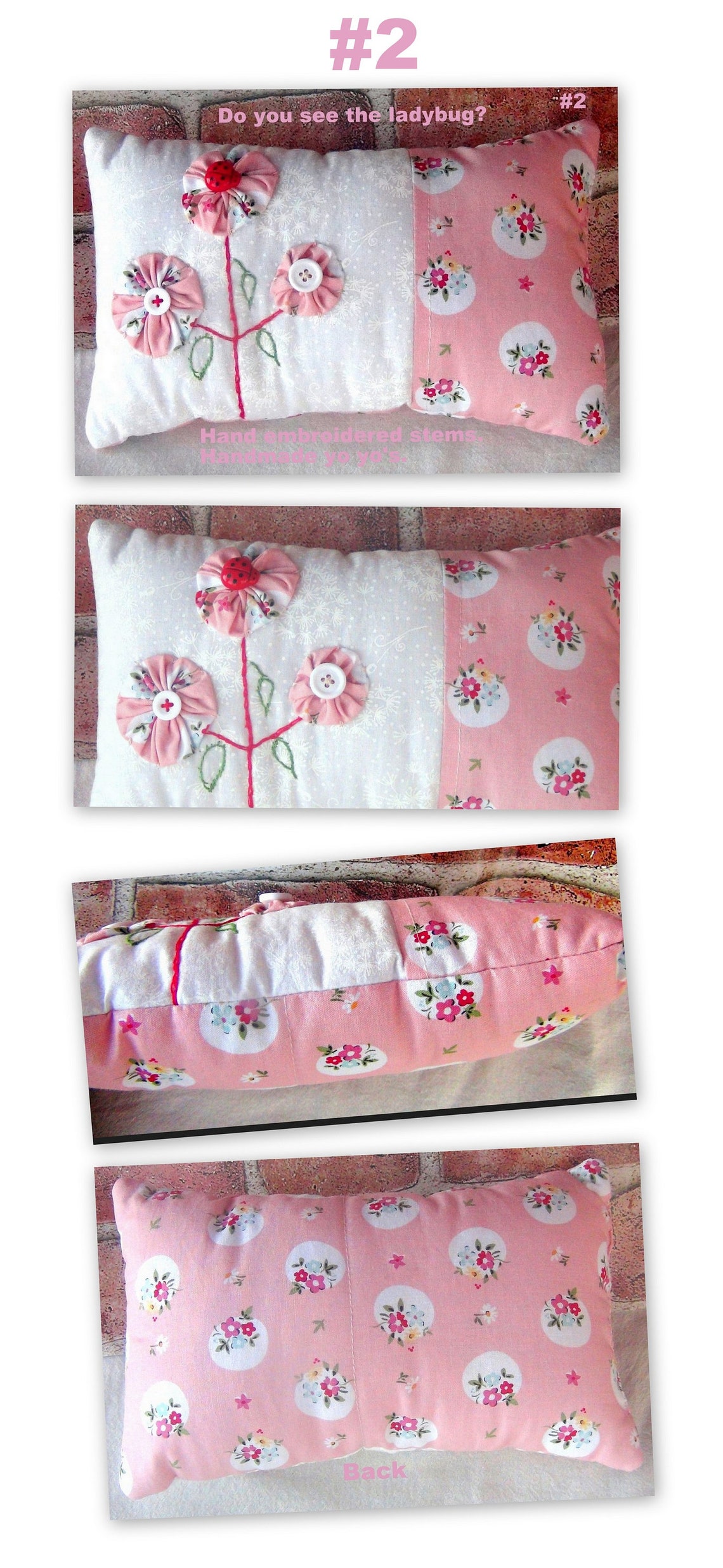 Appliqued Yo Yo Stuffed Pillows Hand Embroidery Ladybug- Bouquet ...
