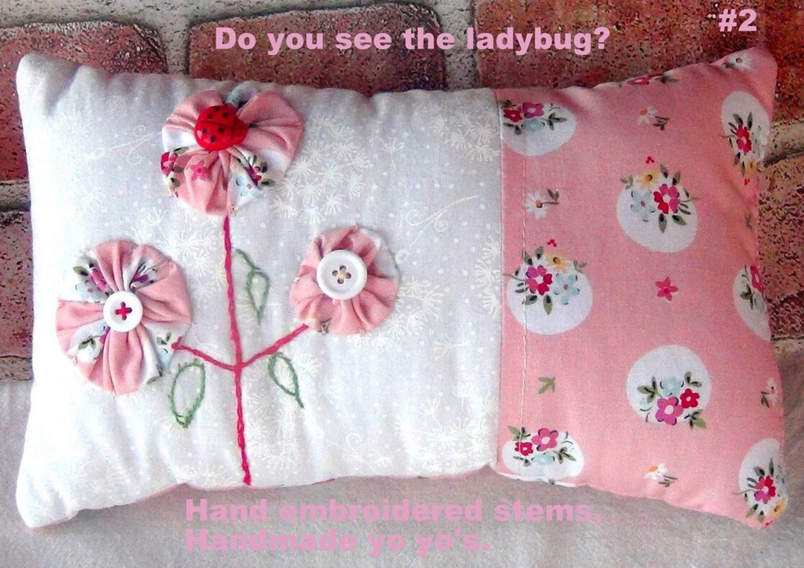 Appliqued Yo Yo Stuffed Pillows Hand Embroidery Ladybug- Bouquet ...