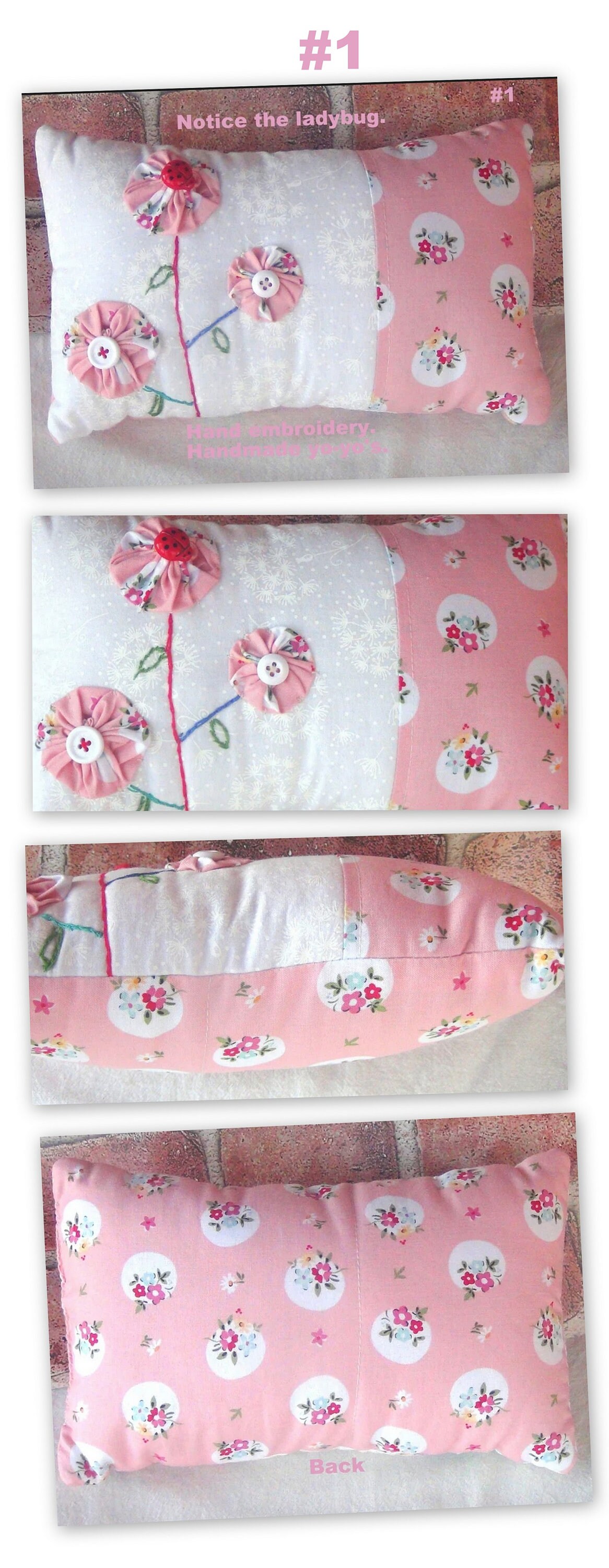 Appliqued Yo Yo Stuffed Pillows Hand Embroidery Ladybug- Bouquet ...