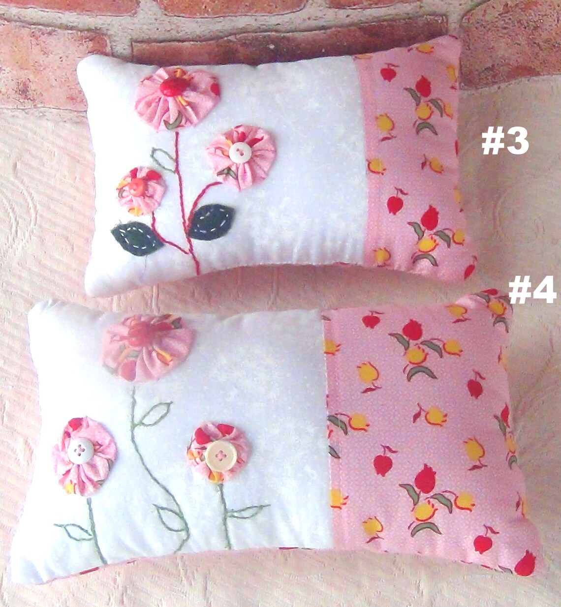 Appliqued Yo Yo Stuffed Pillows Hand Embroidery Ladybug- Bouquet ...