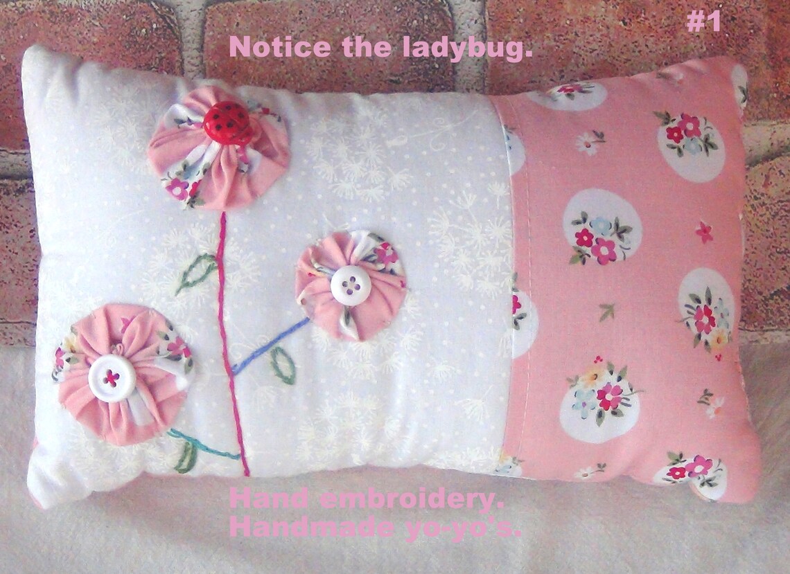 Appliqued Yo Yo Stuffed Pillows Hand Embroidery Ladybug- Bouquet ...