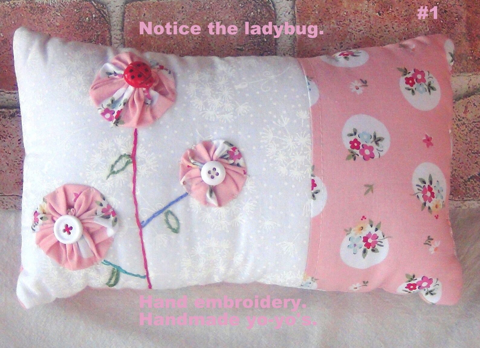 Appliqued Yo Yo Stuffed Pillows Hand Embroidery Ladybug- Bouquet ...