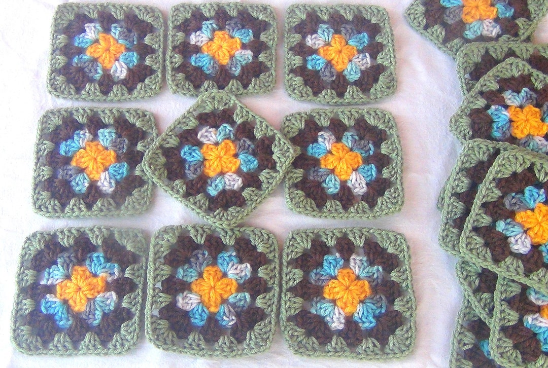 Crocheted 20 Big YARN Granny Squares Afghan - Saffron Gold Green Fall ...
