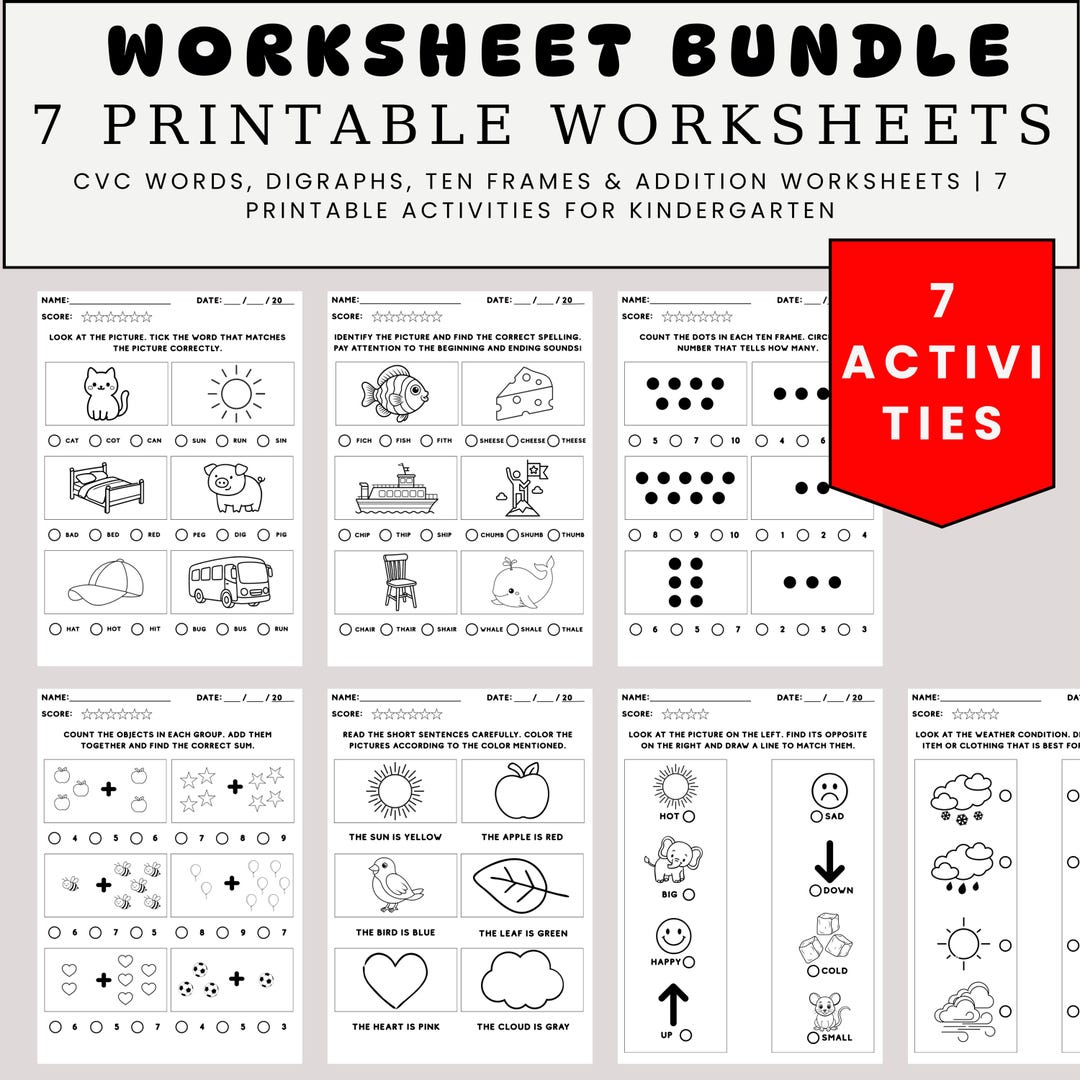Kindergarten Worksheet Bundle | Phonics, Math & Literacy Activities | 7 ...