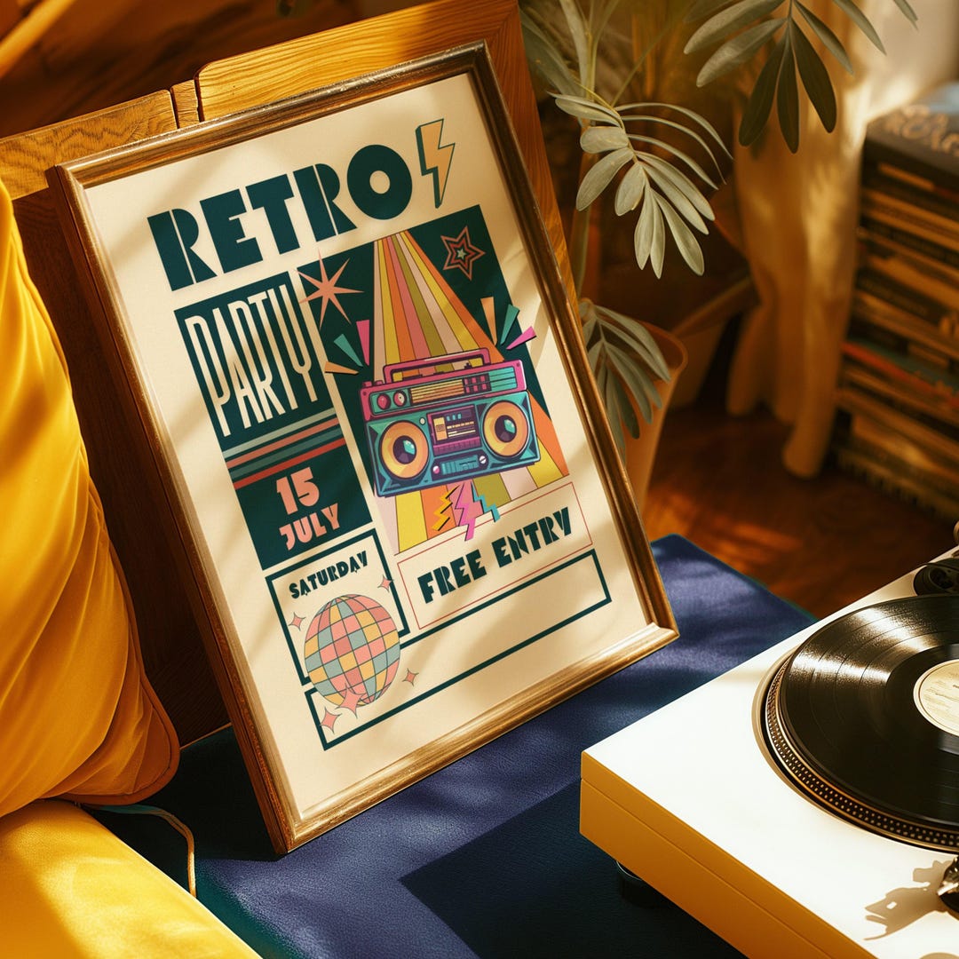 Retro Party Poster, Vintage 80s Party Wall Art, Colorful Music Poster ...