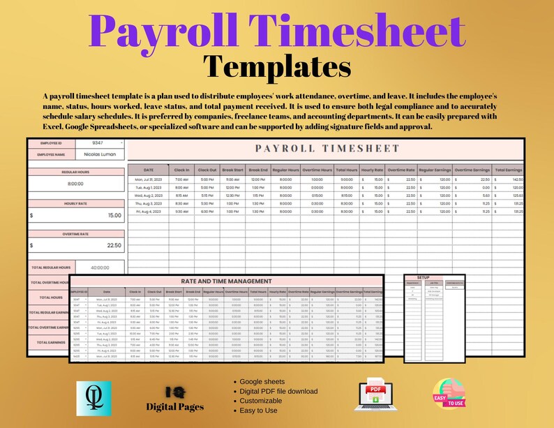 Payroll Timesheet Template, Editable Excel & Google Sheets, Employee ...