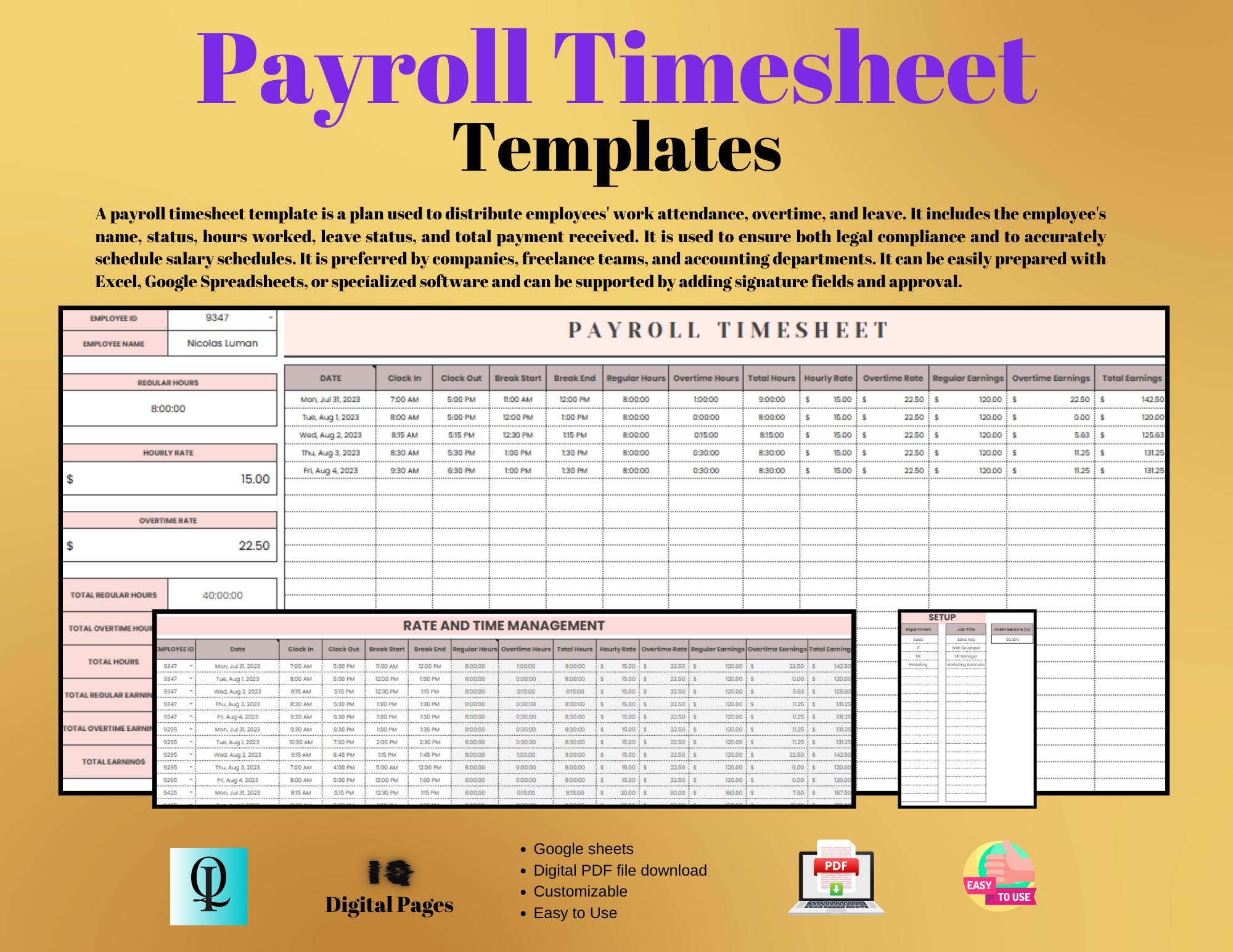 Payroll Timesheet Template, Editable Excel & Google Sheets, Employee ...