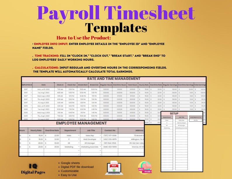 Payroll Timesheet Template, Editable Excel & Google Sheets, Employee ...