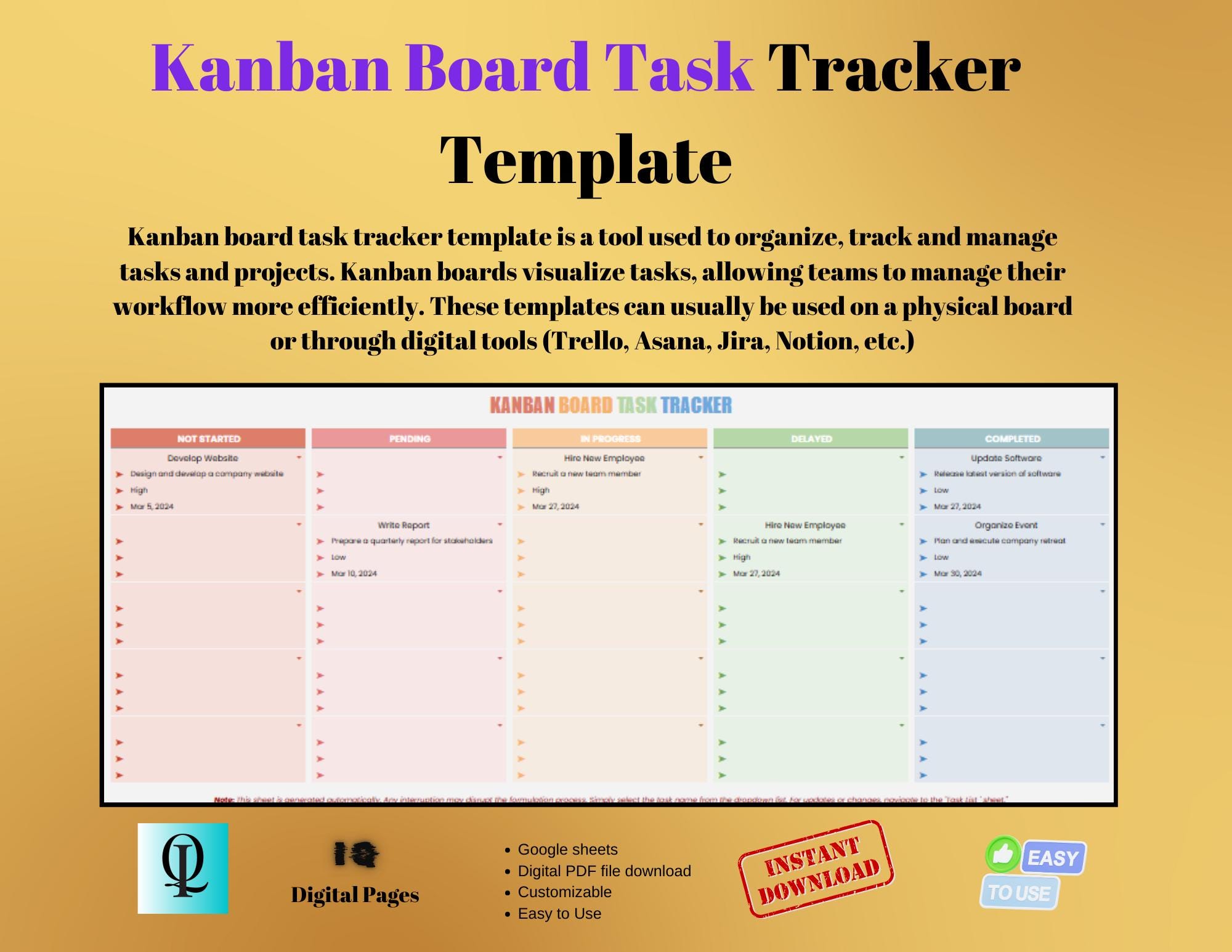 Kanban Board Task Tracker Template, Editable Excel ,visual Task ...