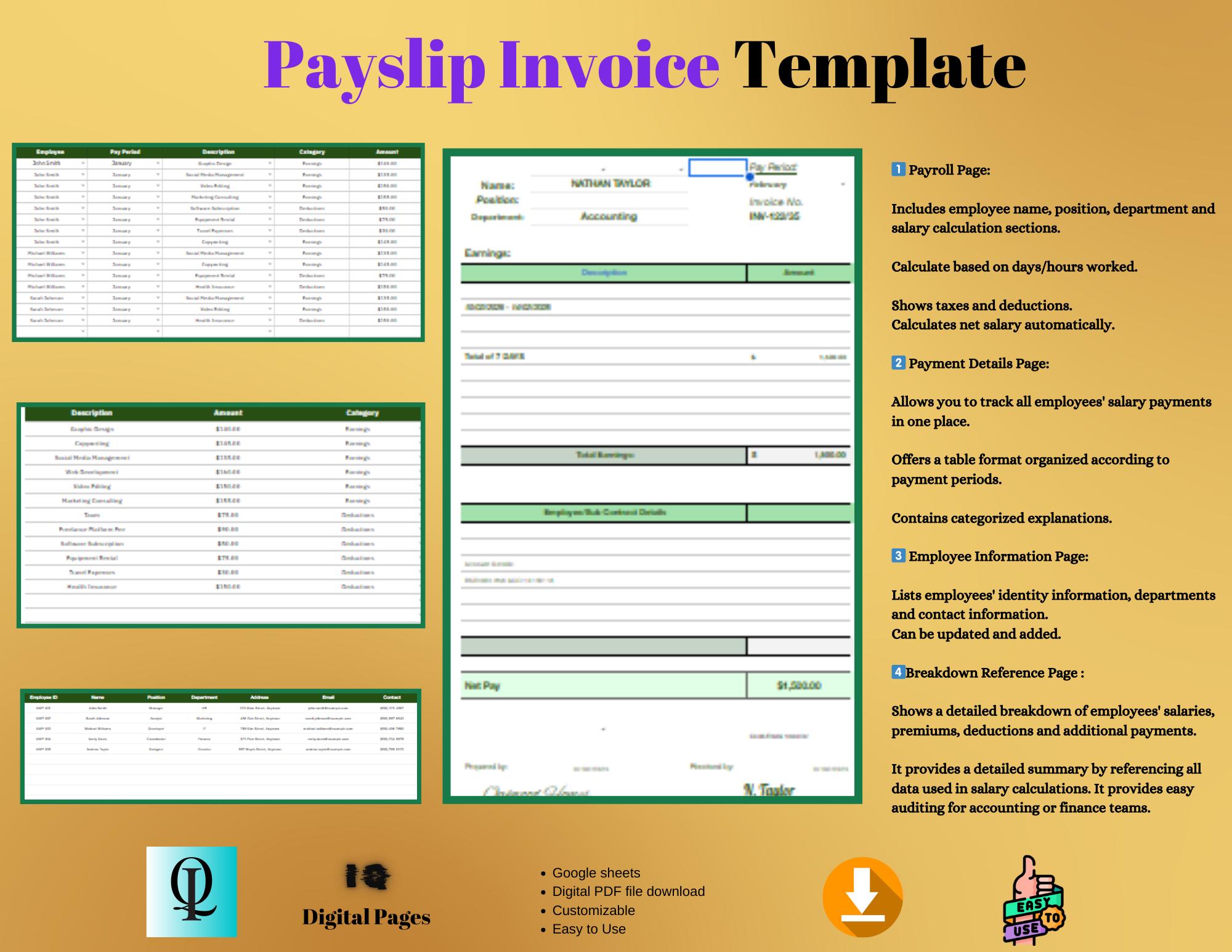 Payslip Invoice Template, Digital Download, Google Sheets, Editable ...