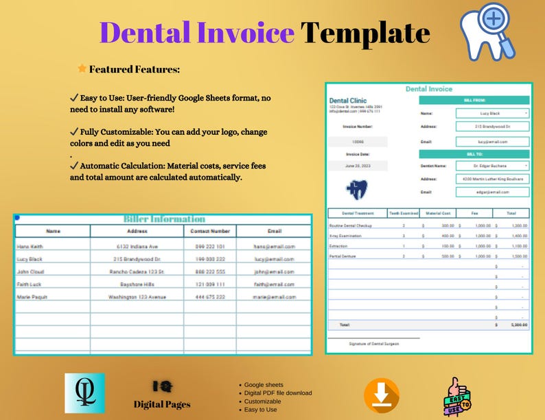 Dental Invoice Template, Digital Download, Google Sheets, Editable ...