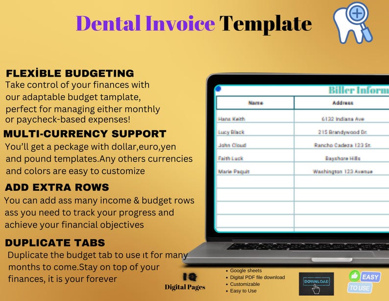 Dental Invoice Template, Digital Download, Google Sheets, Editable ...