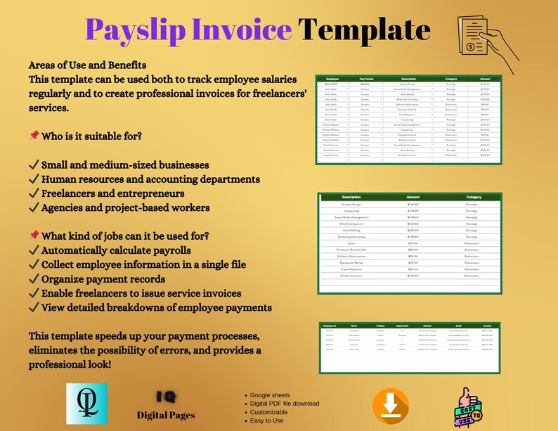 Payslip Invoice Template, Digital Download, Google Sheets, Editable ...