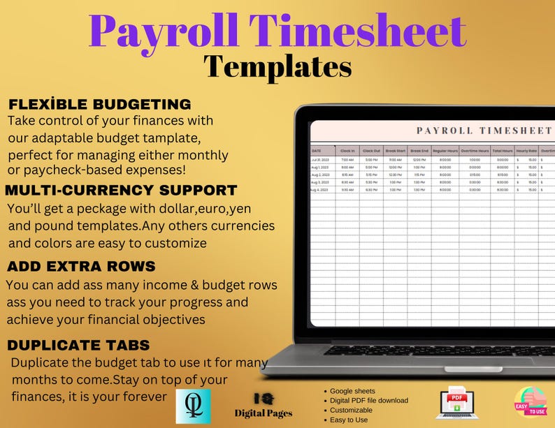 Payroll Timesheet Template, Editable Excel & Google Sheets, Employee ...