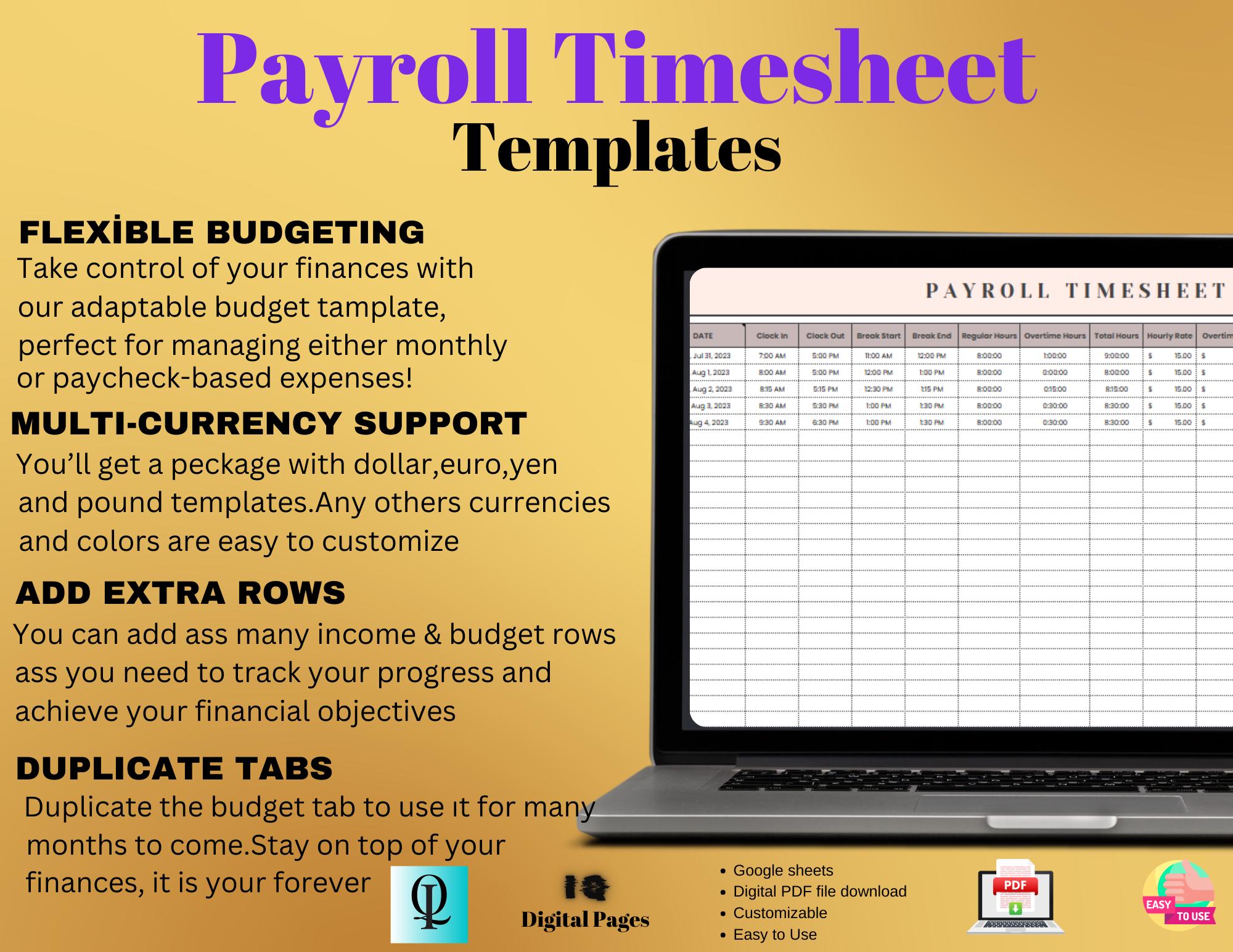 Payroll Timesheet Template, Editable Excel & Google Sheets, Employee ...