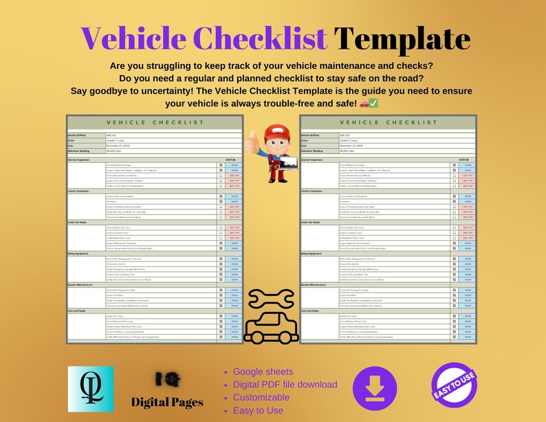 Vehicle Checklist Template, Digital Download, Editable & Easy to Use ...