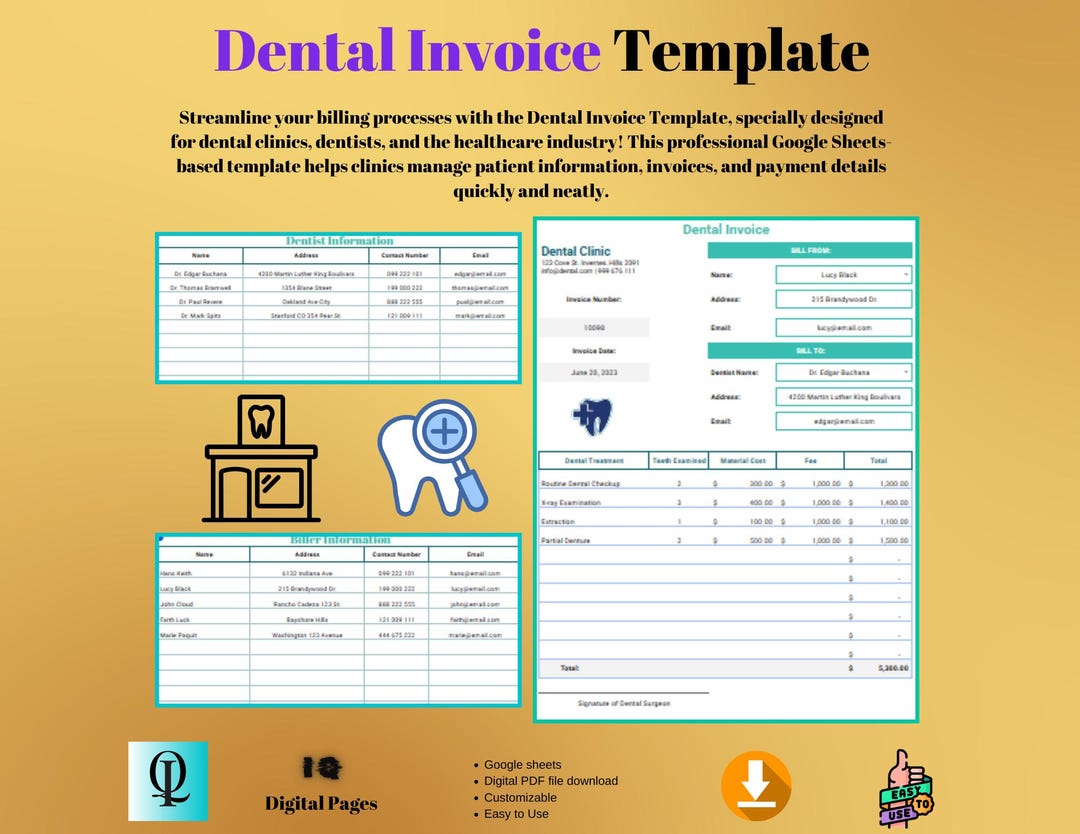 Dental Invoice Template, Digital Download, Google Sheets, Editable ...
