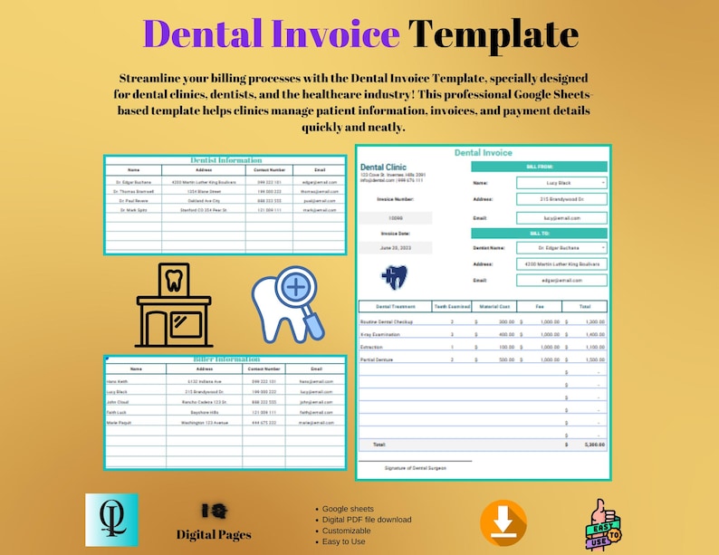 Dental Invoice Template, Digital Download, Google Sheets, Editable & Easy to Use, Dentist ...