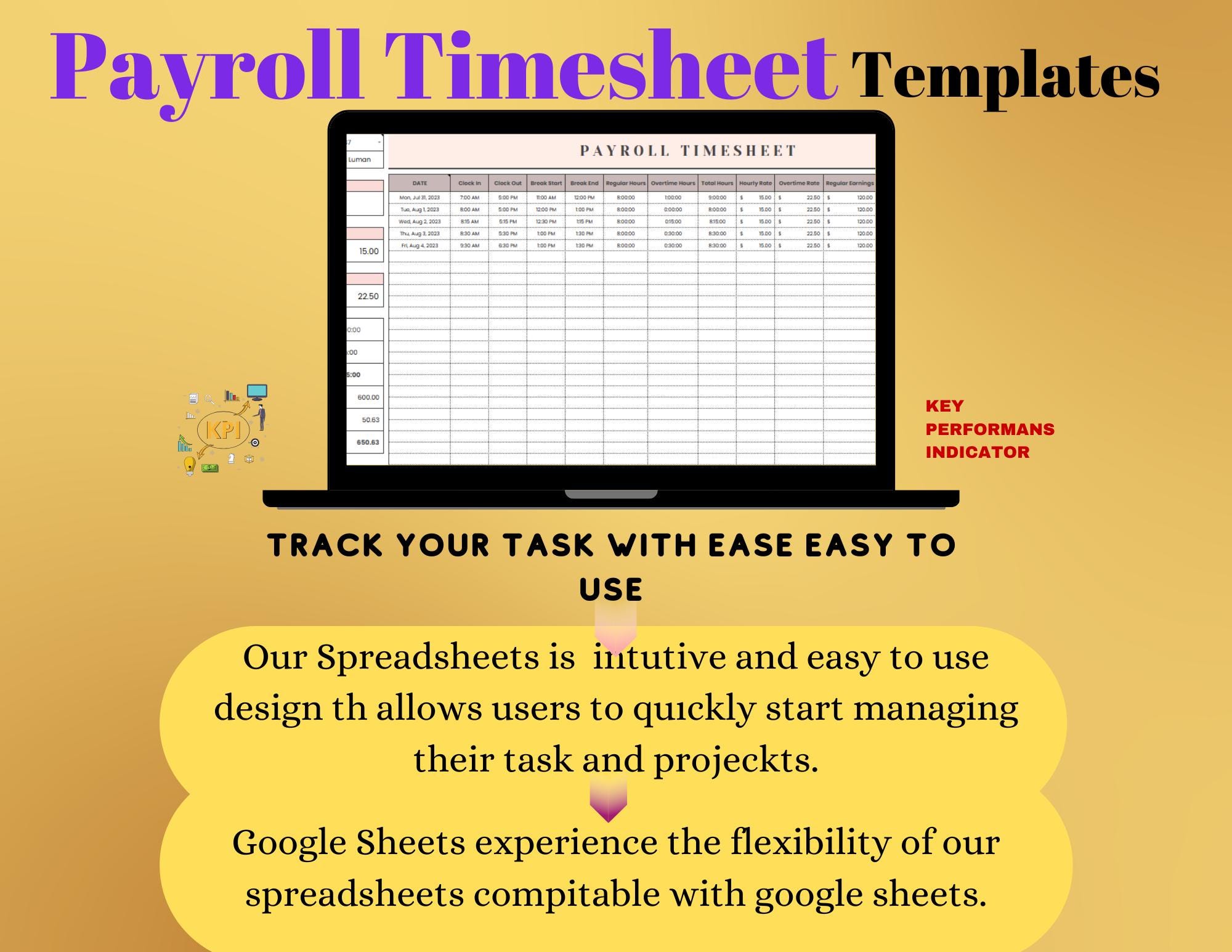 Payroll Timesheet Template, Editable Excel & Google Sheets, Employee ...