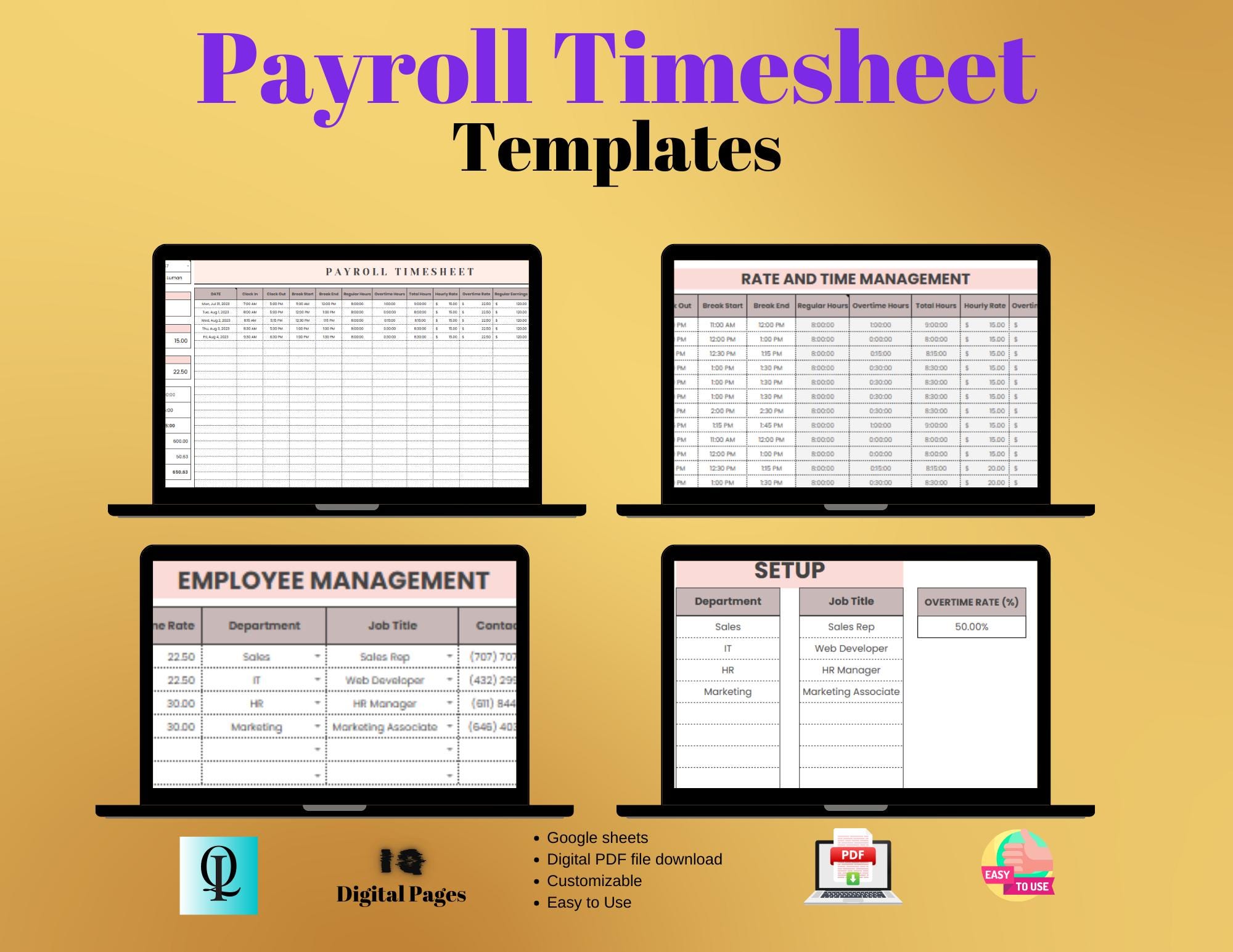 Payroll Timesheet Template, Editable Excel & Google Sheets, Employee ...