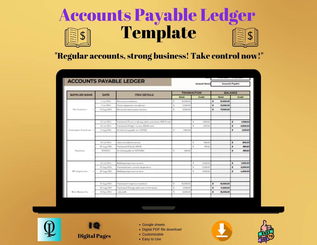 Accounts Payable Ledger Template, Editable Google Sheets, Digital ...