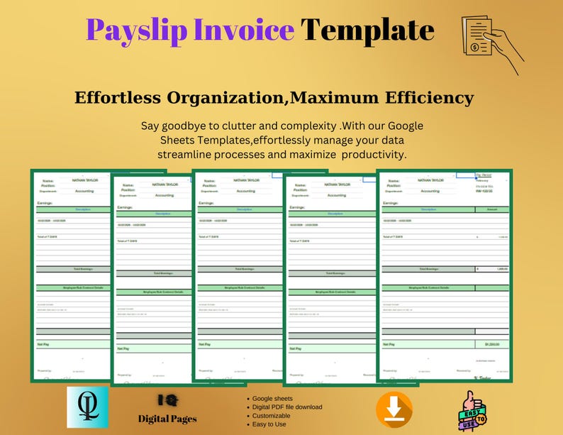 Payslip Invoice Template, Digital Download, Google Sheets, Editable ...