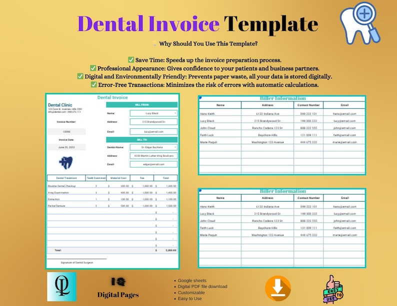 Dental Invoice Template, Digital Download, Google Sheets, Editable ...