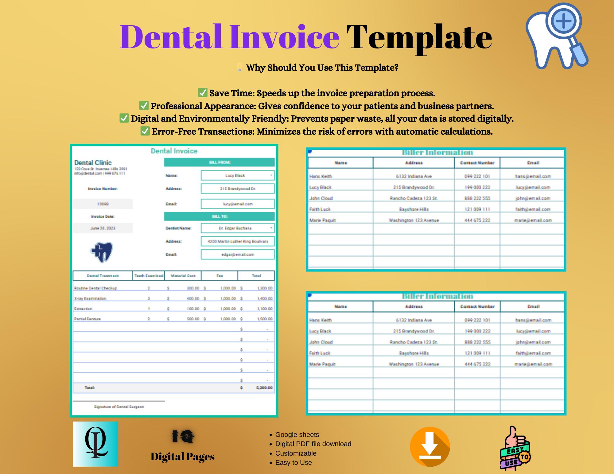 Dental Invoice Template, Digital Download, Google Sheets, Editable ...