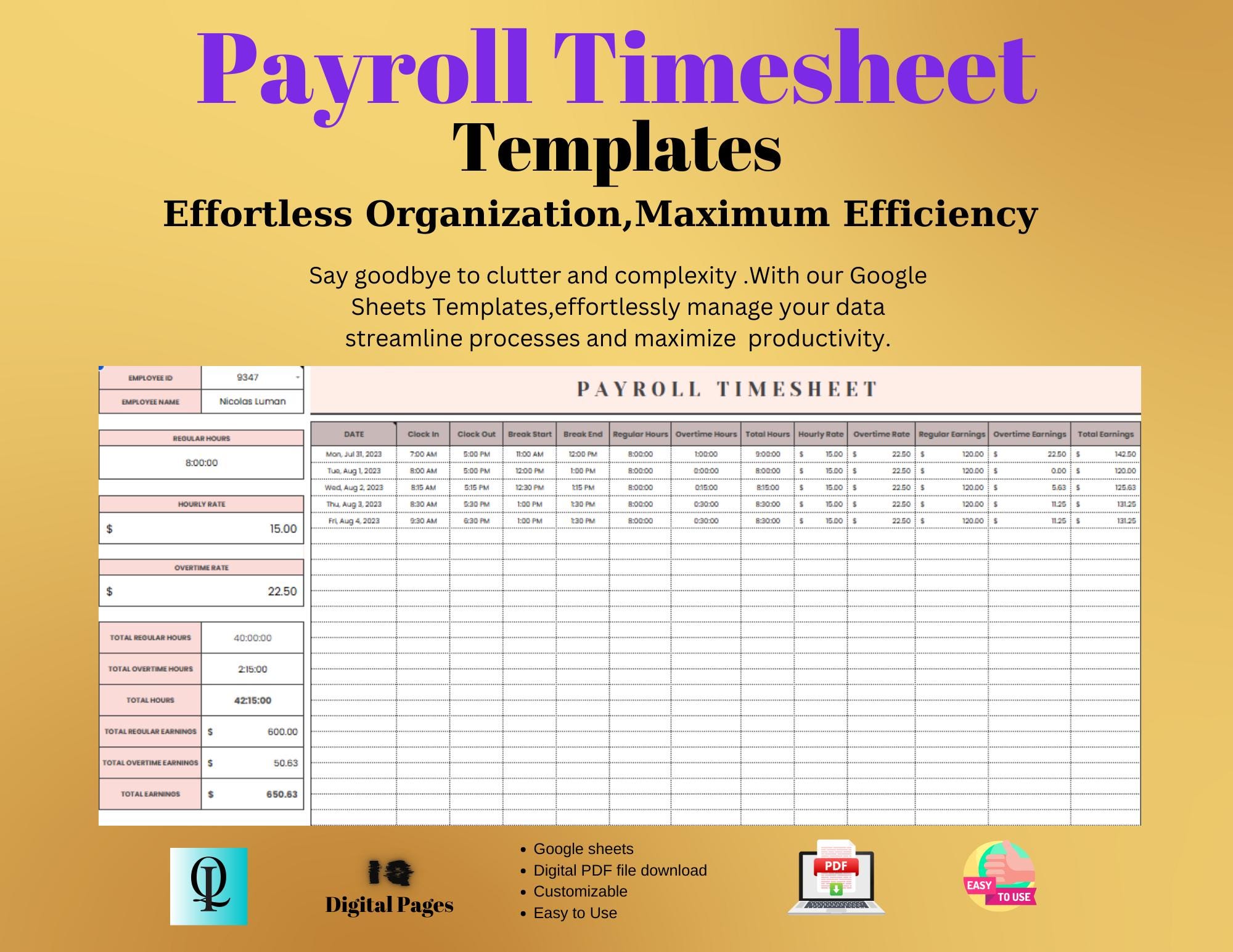 Payroll Timesheet Template, Editable Excel & Google Sheets, Employee ...