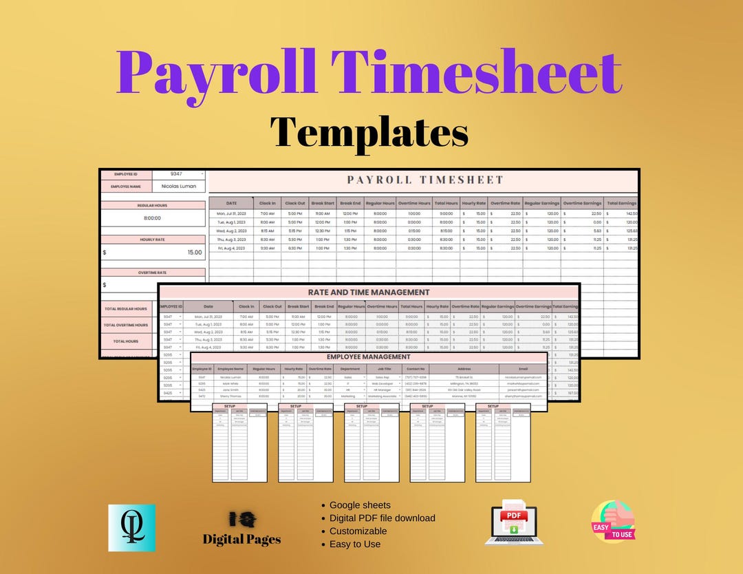 Payroll Timesheet Template, Editable Excel & Google Sheets, Employee ...