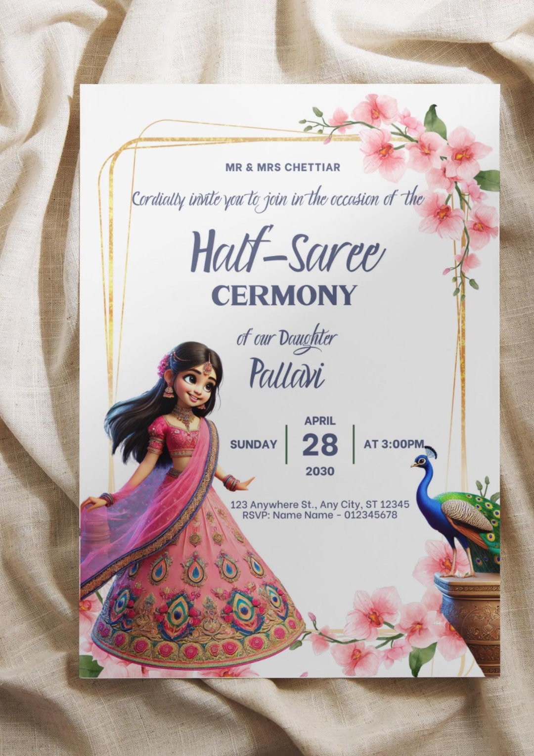 Half Saree Invitation, Welcome Banner, Editable, Puberty Ritu Kala ...