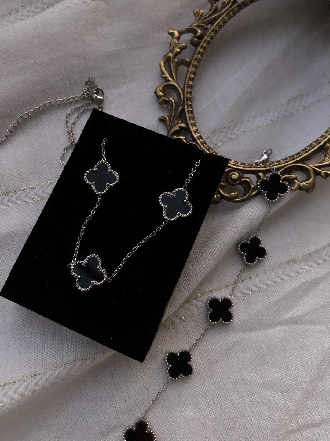 Vintage Black Van Cleef Set Bracelet Necklace for Women Clover Four ...