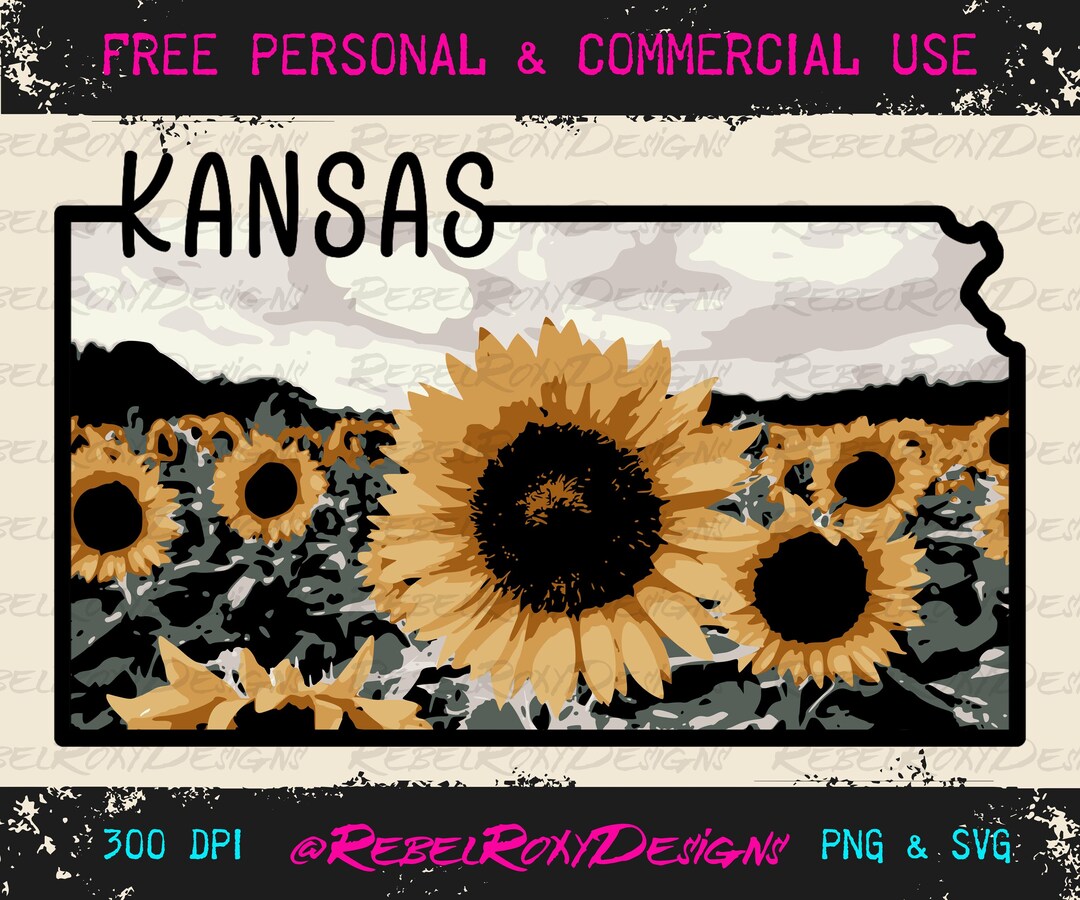 Kansas State Silhouette: Sunflower Field, Distressed Watercolor ...