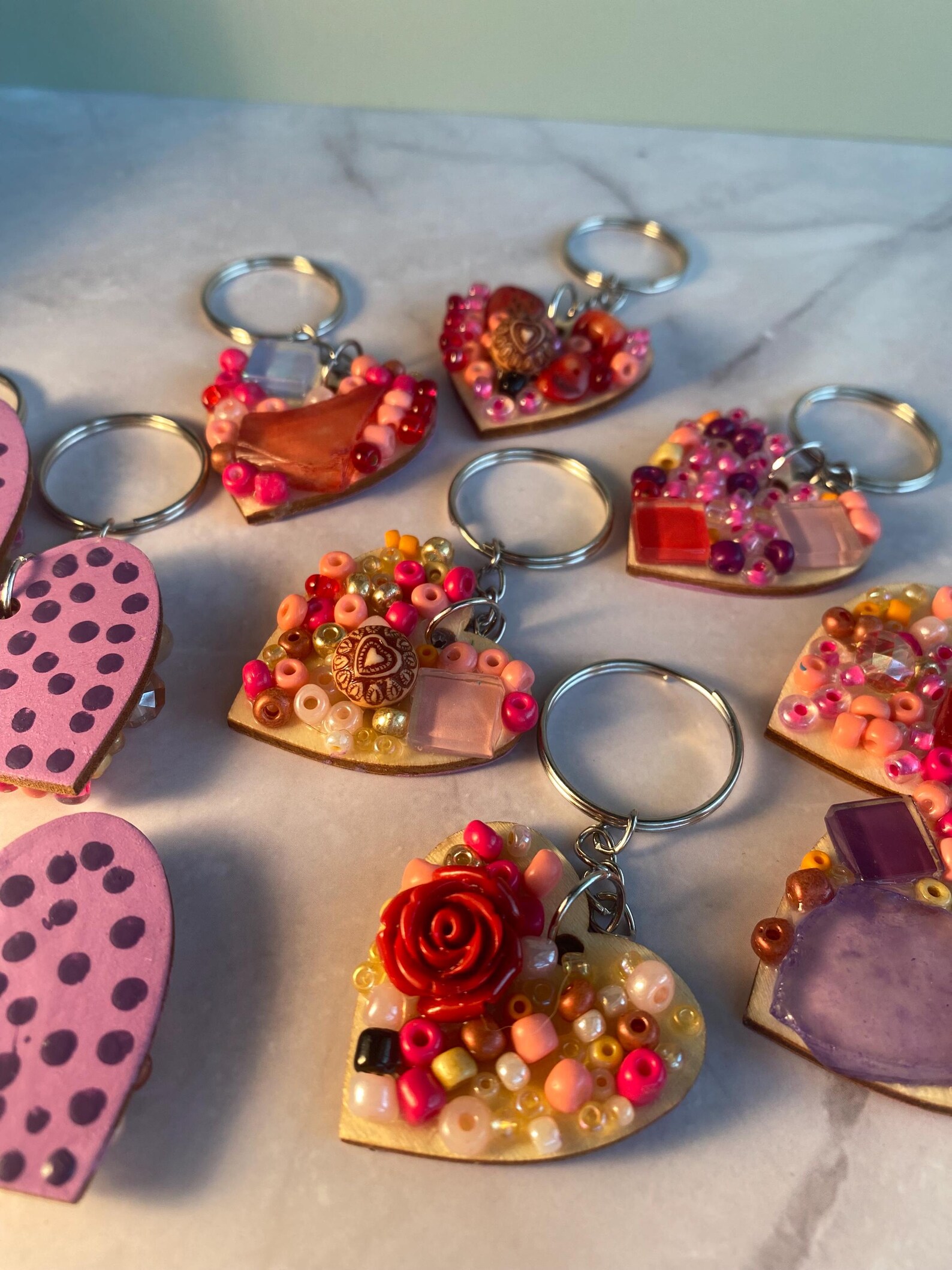 Handmade Heart-shaped Keychains Pink-purple Beaded Wooden Hearts (set ...