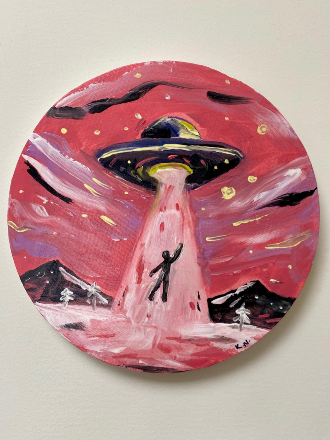 Alien Abduction Painting – Circular Canvas Original Painting Art Unique ...