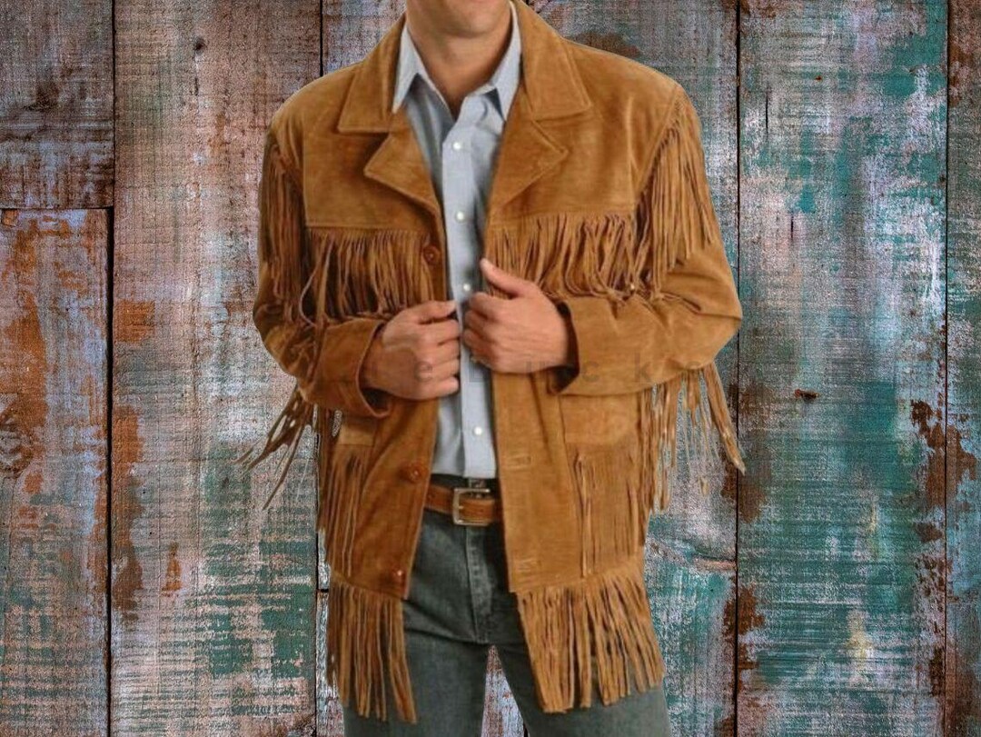 Men's Traditional Western Buckskin Leather Coat - Fringed Cowboy Jacket ...