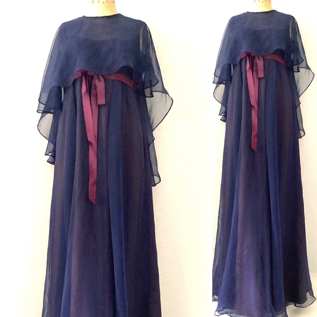 Jean Varon Vintage Early 1970s Navy Blue Chiffon Layered Maxi Dress ...