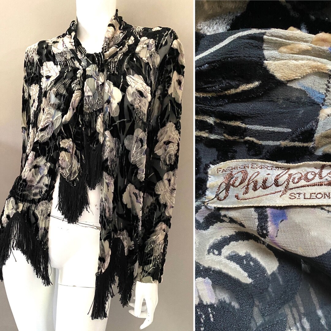 Vintage 1920s Silk Velvet Devoré Floral Print Evening Jacket With Zig ...