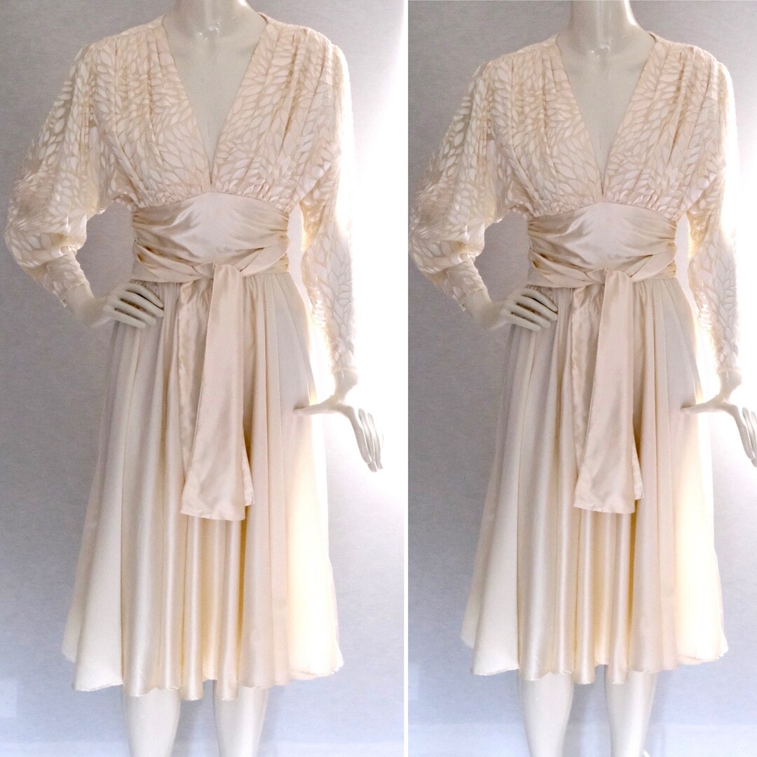 Vintage 80s Couture Designer David Josef Cream Silk Knee Length Gown ...