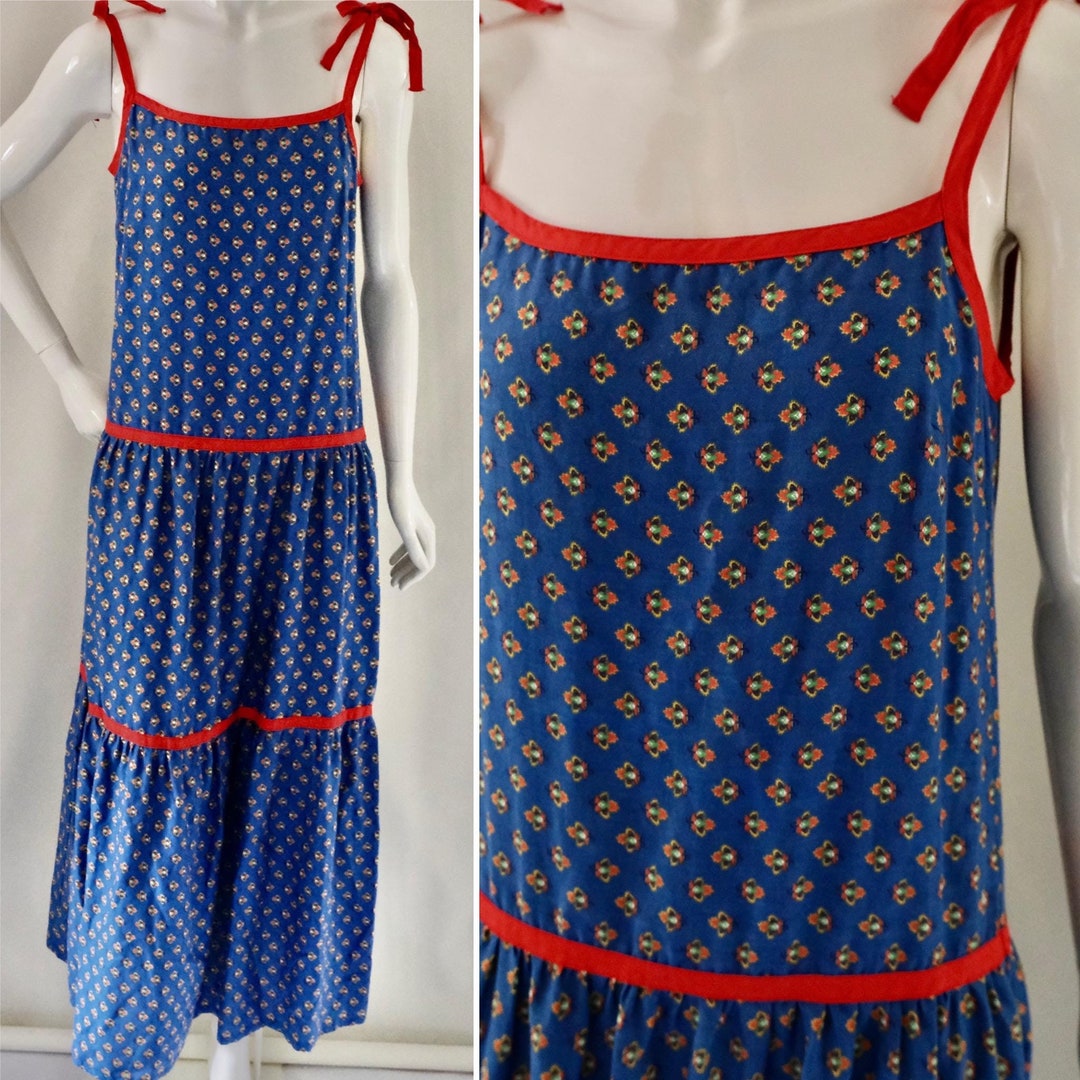 Vintage 70s French Provencal Cotton Maxi Dress: Blue Floral Sundress ...
