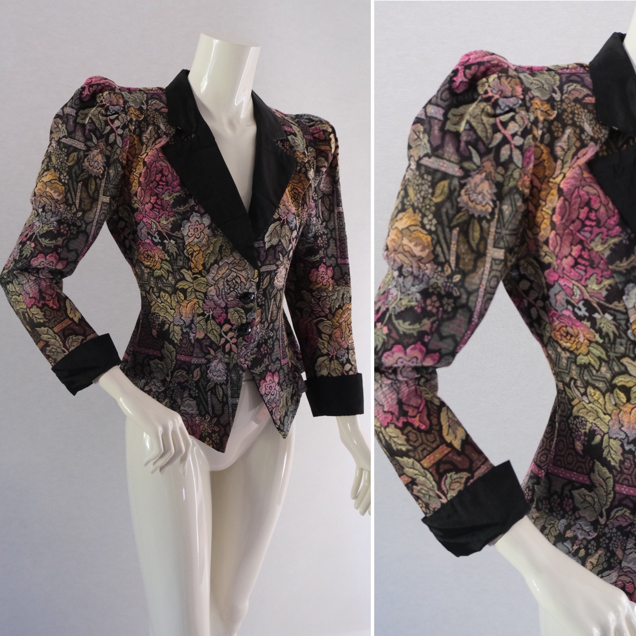 Super Vintage 1970s-80s Floral Rose Print Tapestry Fitted Jacket With ...