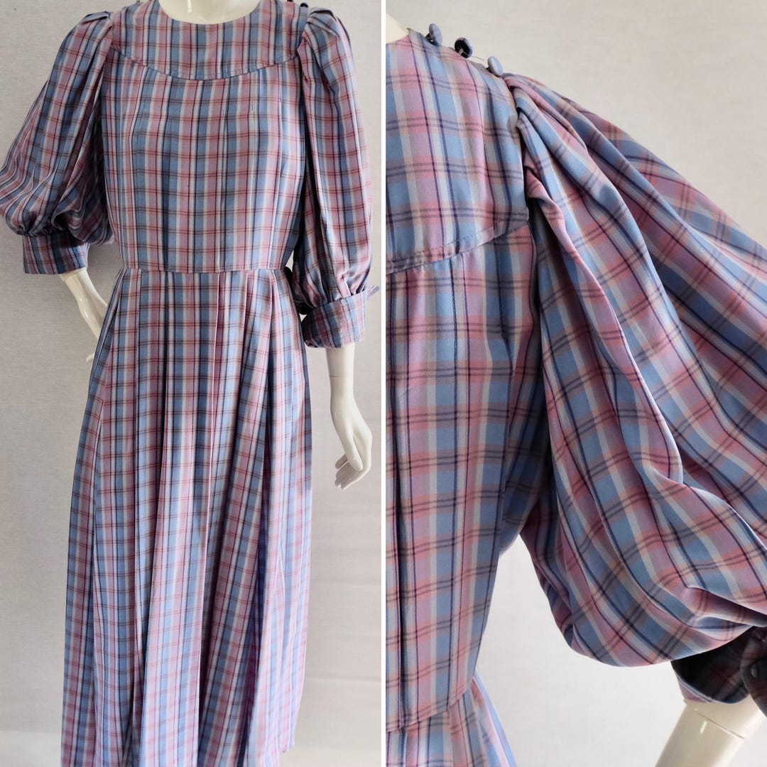 Vintage Droopy and Browns Checked Pleated Silk Day Dress With Enormous ...