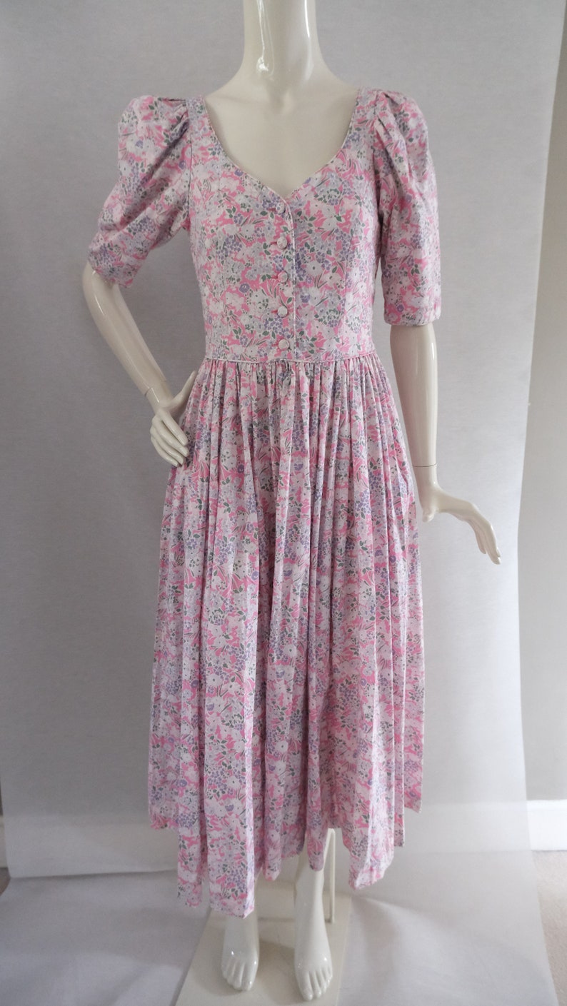 Laura Ashley Vintage Floral 1980s 80s Pretty Pink Cotton Day Dress ...