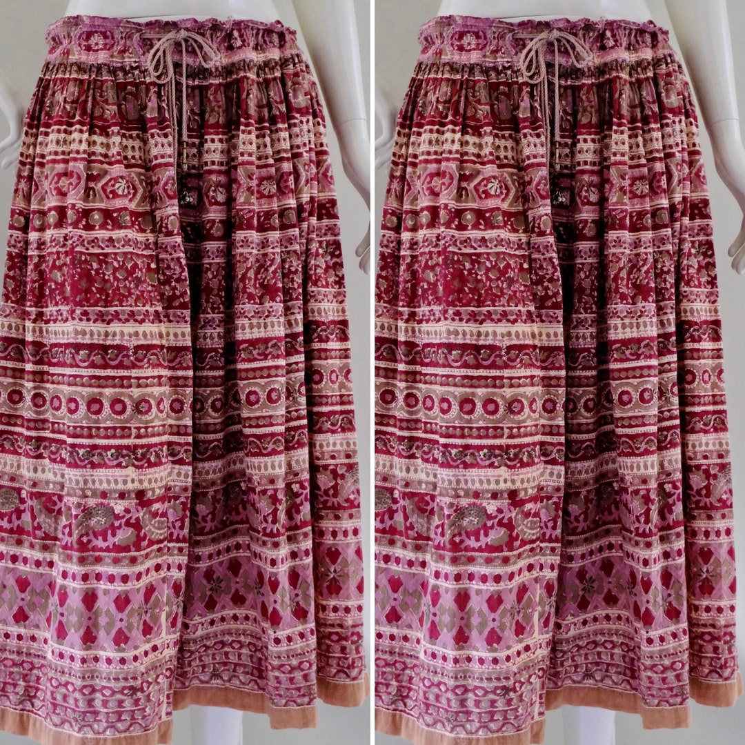 Phool 1970s 70s Blockprinted Cotton Gauze Midi Skirt With Draw String ...