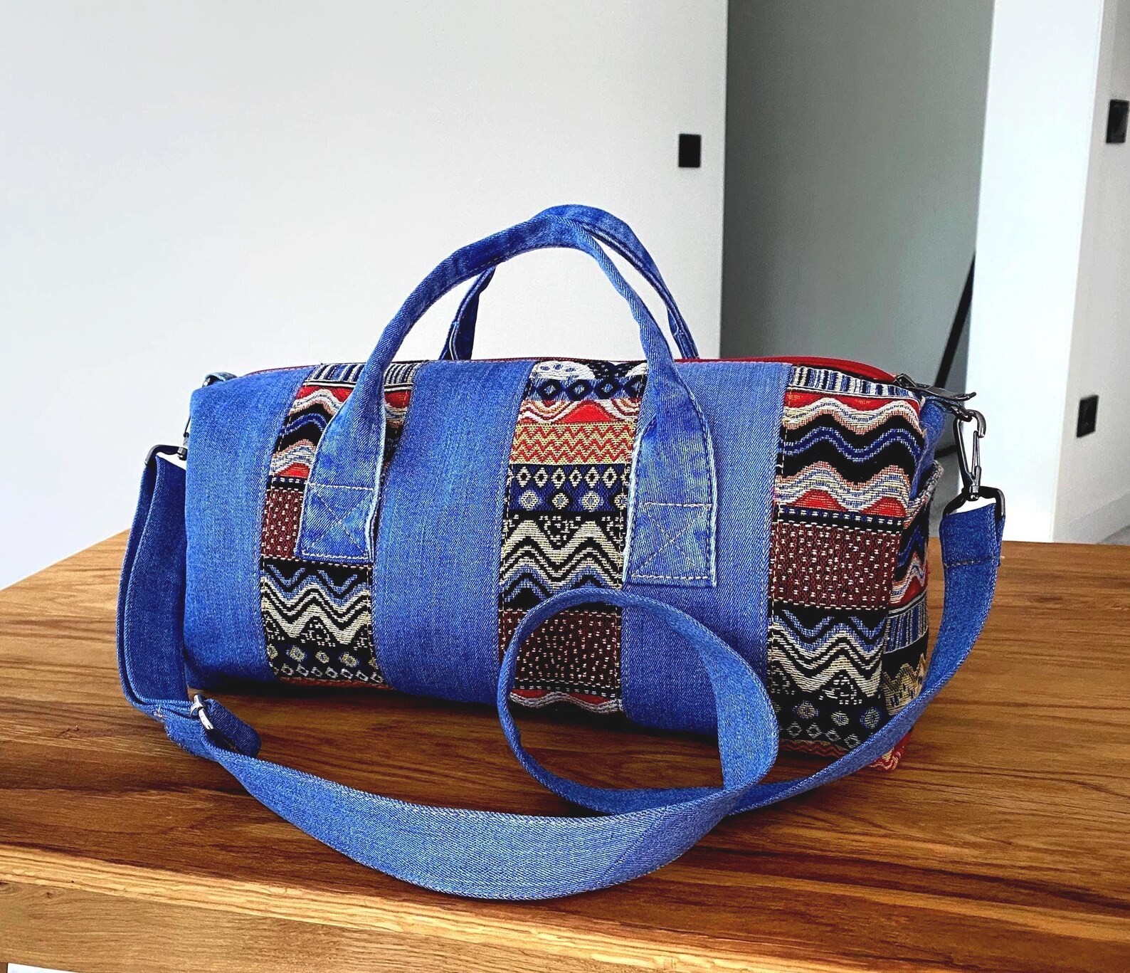 Handmade Upcycled Patchwork Denim Barrel Bag With Adjustable Strap - Etsy