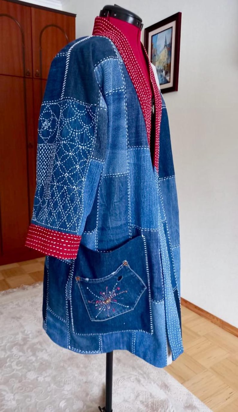 Sashiko Denim Embroidery Pattern Coat: Handcrafted Upcycled Jacket - Etsy