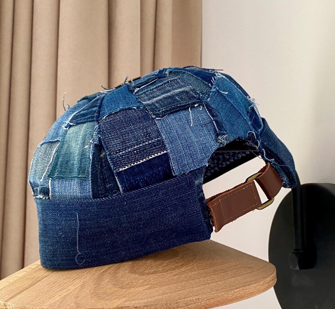 Handmade Brimless Patchwork Denim Hat With Adjustable Organic Leather ...
